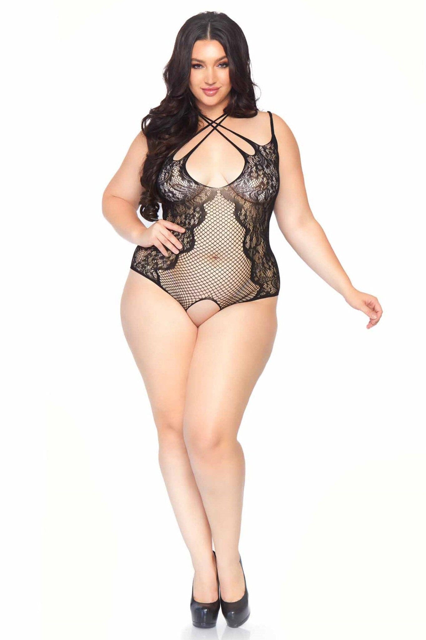 Leg Avenue Plus Size Lace Net Crotchelss Strappy Halter Neck & Faux ...